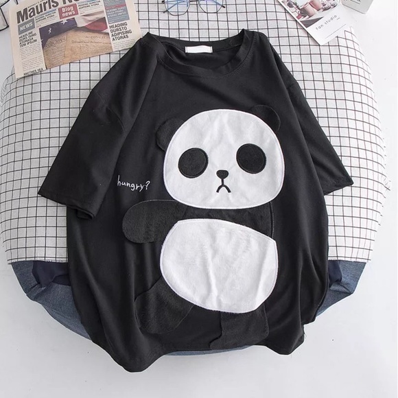 Tops | Panda Fuzzy Tshirt Top Cute Cartoon Patch Black | Poshmark